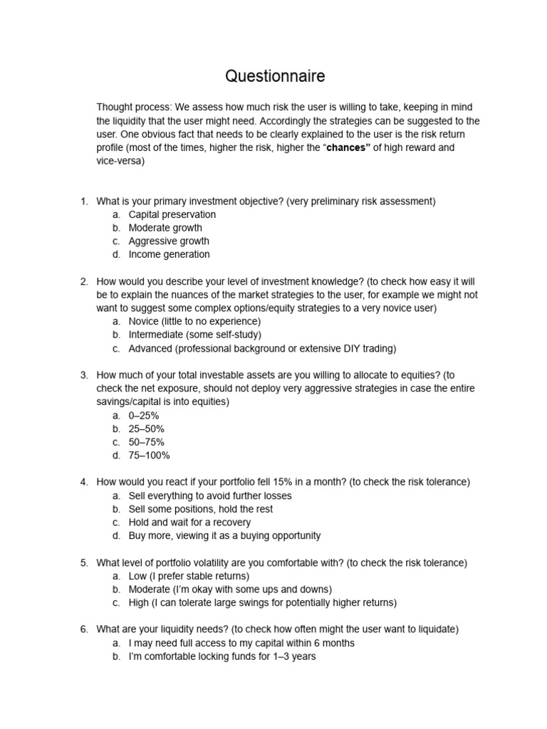 Investment Risk Assessment Questionnaire | PDF | Risk | Investing