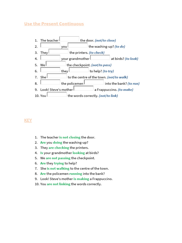 Present Continuous Exercises with Answers | PDF
