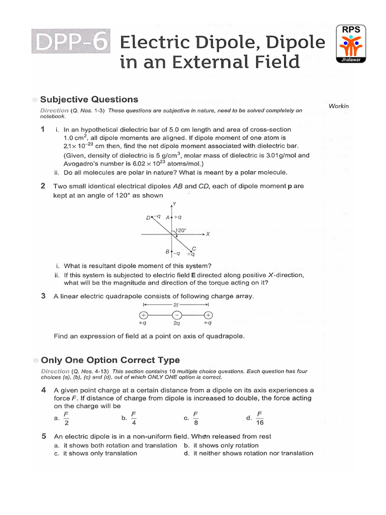 DPP 6 - Electric Dipole, Dipole in An External Field | PDF