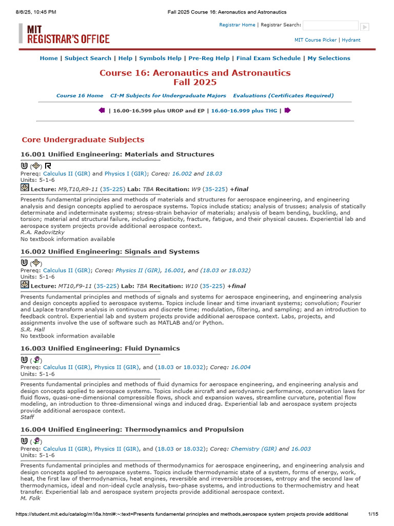 Fall 2025 Course 16 - Aeronautics and Astronautics | PDF | Aerodynamics ...