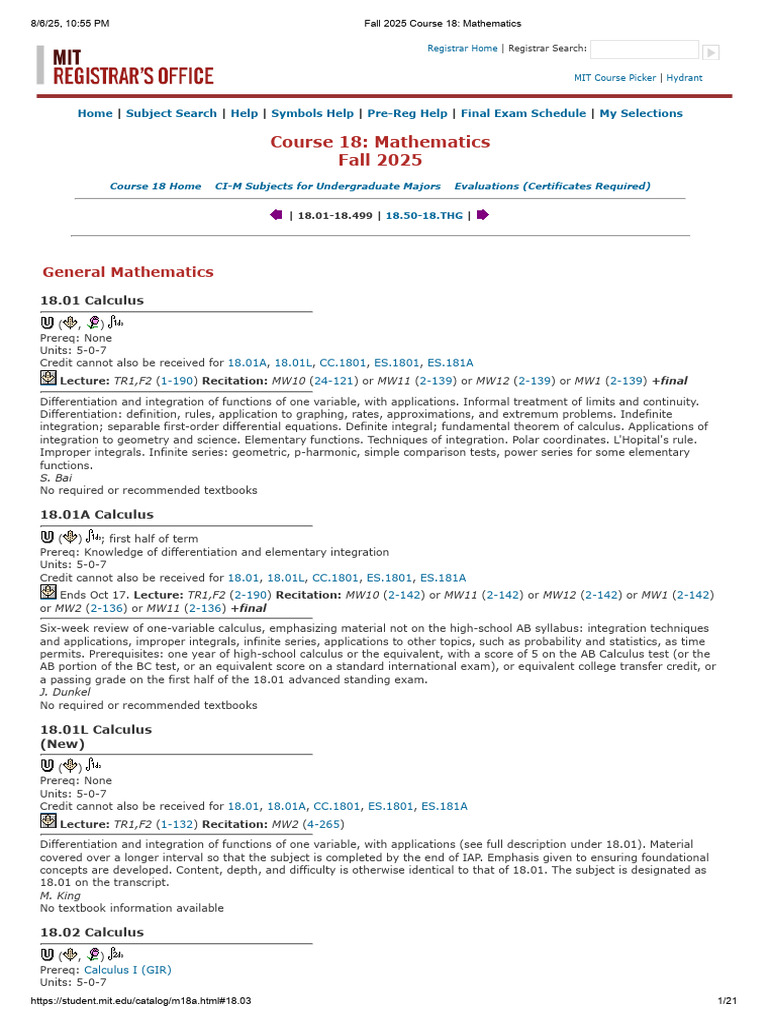 Fall 2025 Course 18_ Mathematics | PDF | Discrete Mathematics ...