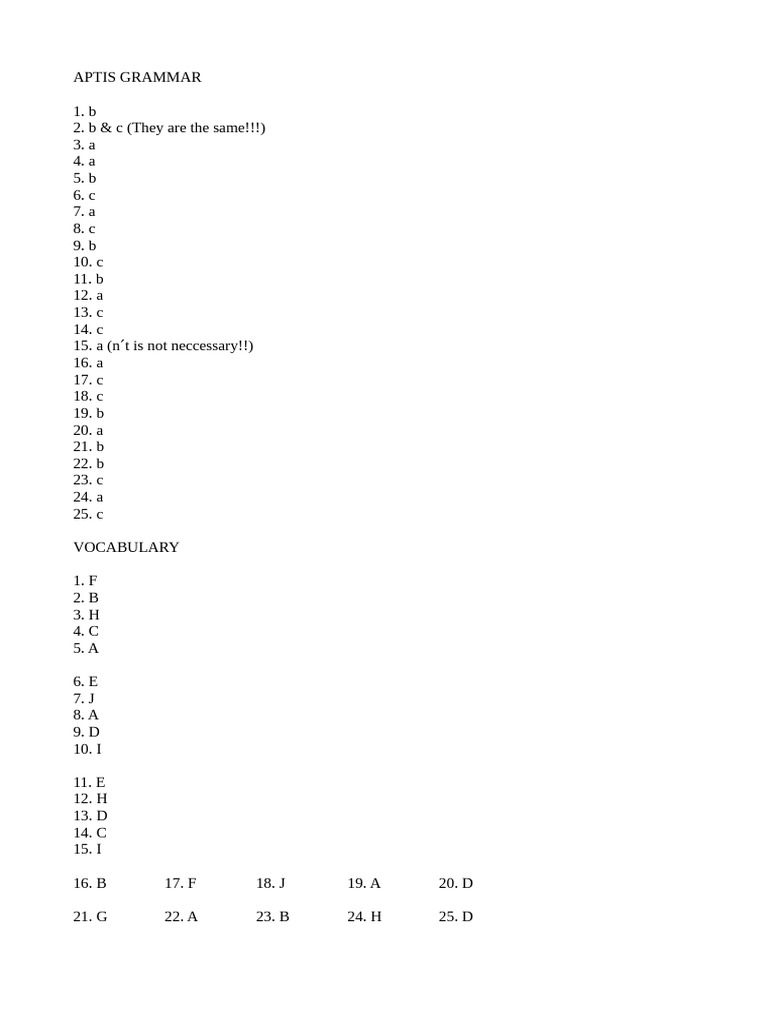 Aptis General Grammar & Vocabulary Practice 1 Answers | PDF