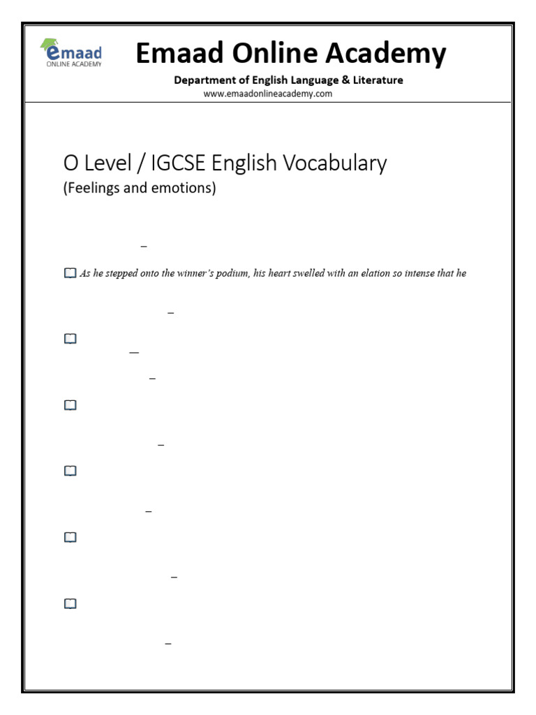 Feeling and emotions Vocabulary | PDF