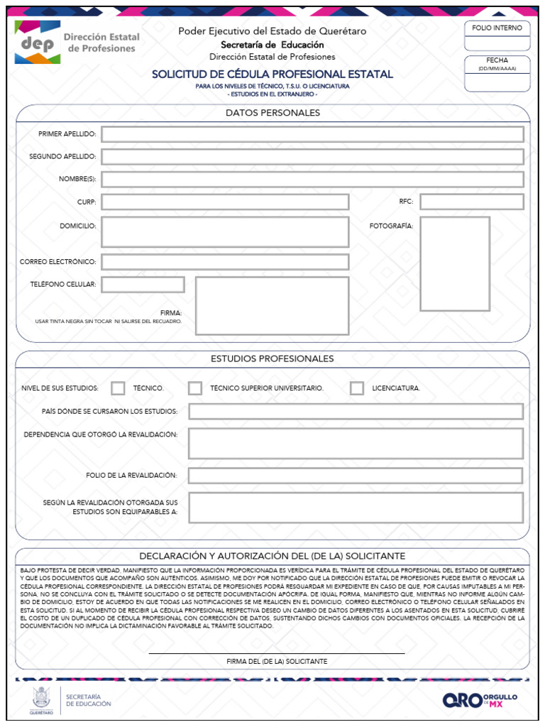 Formato de Solicitud de Cédula Profesional (Extranjeros) (Téc, Tsu, Lic) | PDF