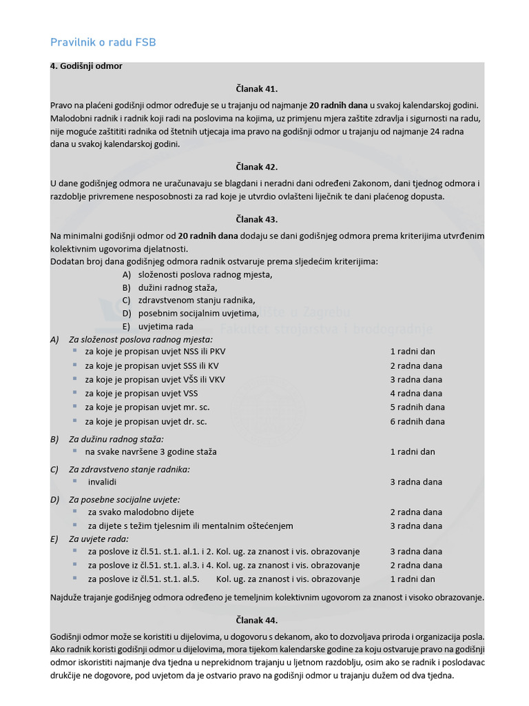 Pravinik o Radu FSB-godisnji Odmor | PDF