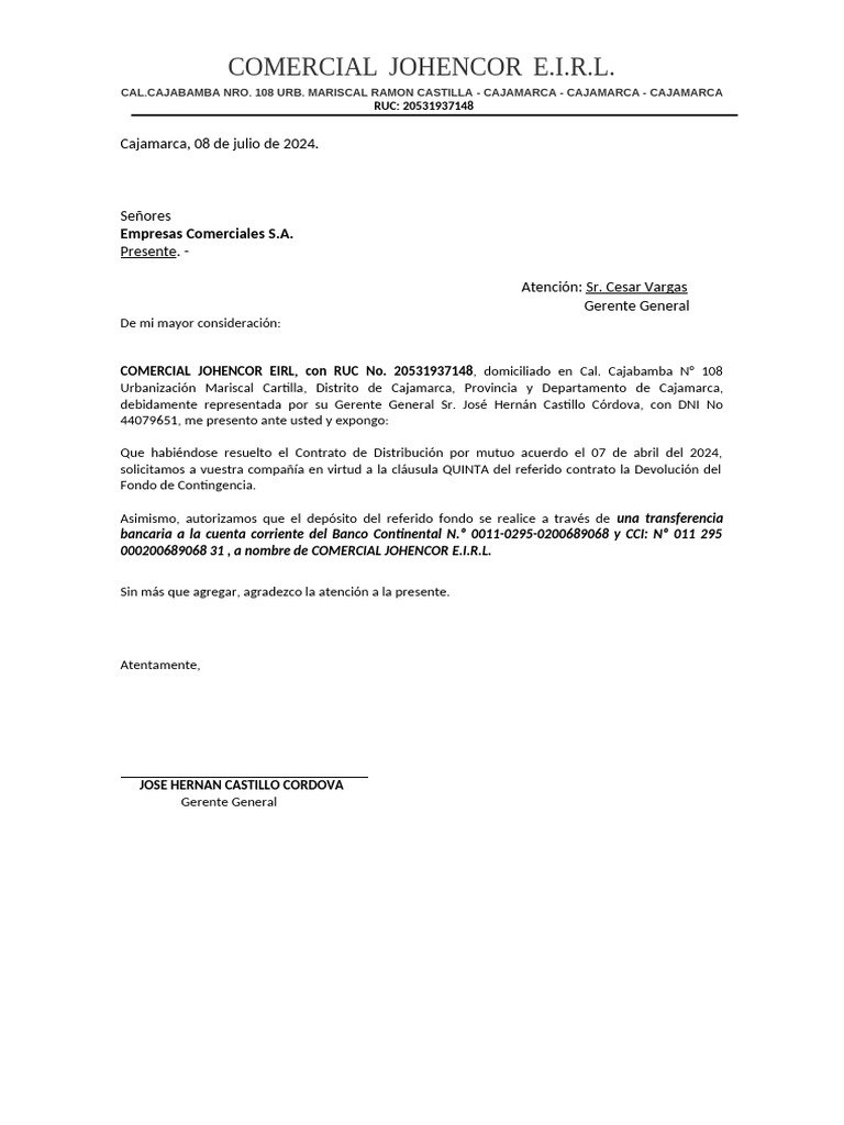 Devolución de Fondo de Contingencia COMERCIAL JOHENCOR EIRL | PDF