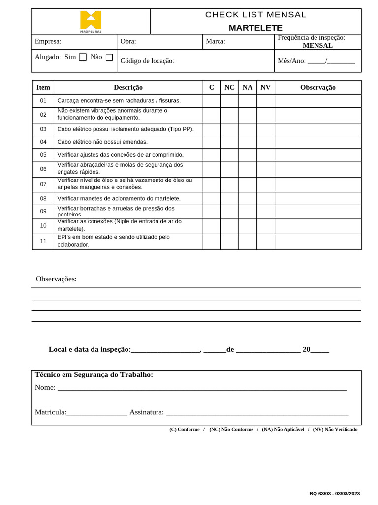 Checklist Mensal para Martelete | PDF