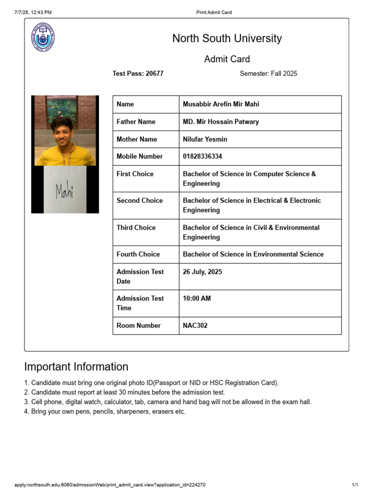 NSU Print Admit Card | PDF