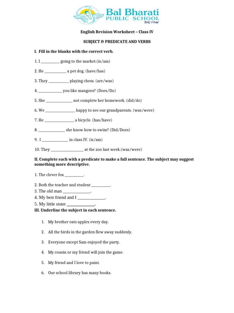 Class IV English Revision Worksheet on Verbs and Subject and Predicate | PDF
