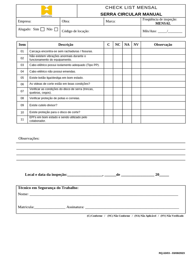 Checklist Mensal Serra Circular Manual | PDF