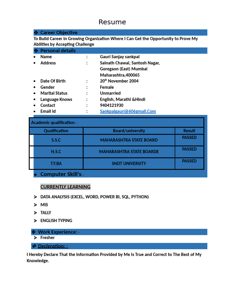 Gauri Sankpal Resume Overview | PDF