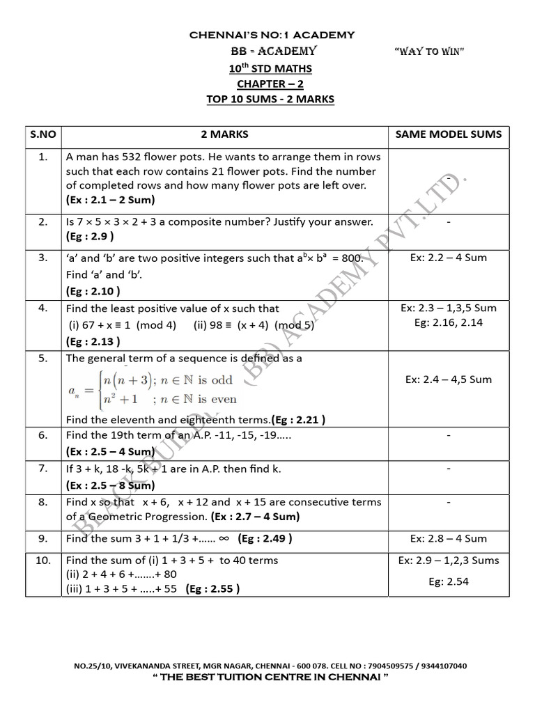 10th - Chp-2 (2M, 5M) English | PDF | Arithmetic | Discrete Mathematics
