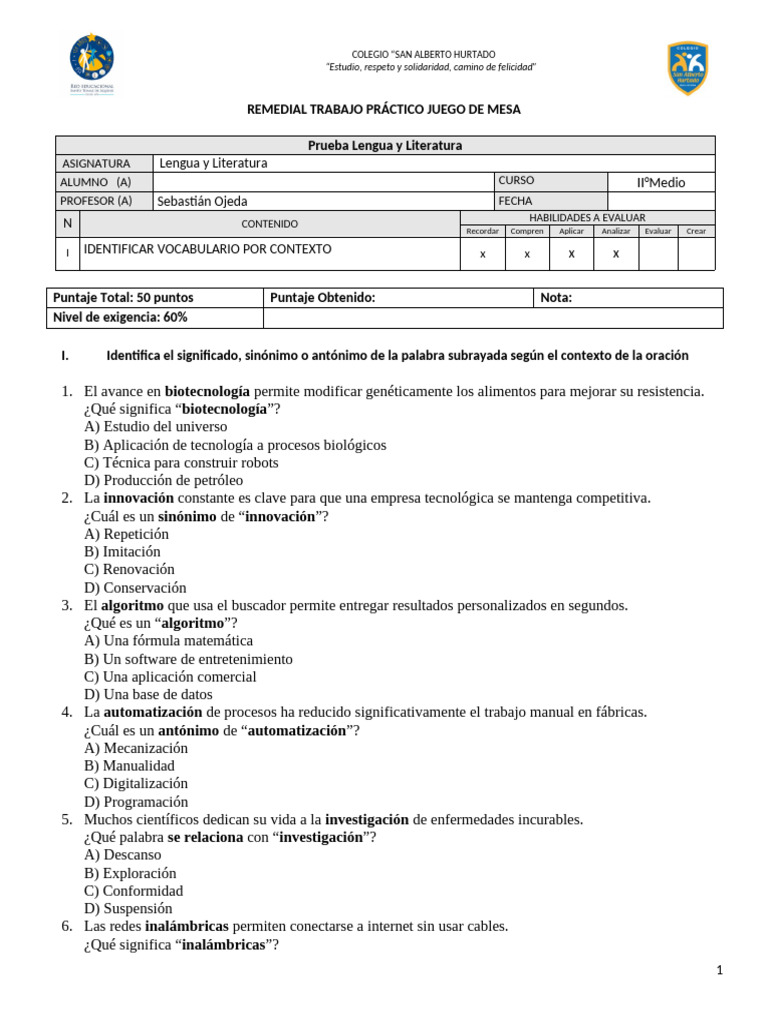 Evaluación de vocabulario en Lengua y Literatura | PDF | Datos ...