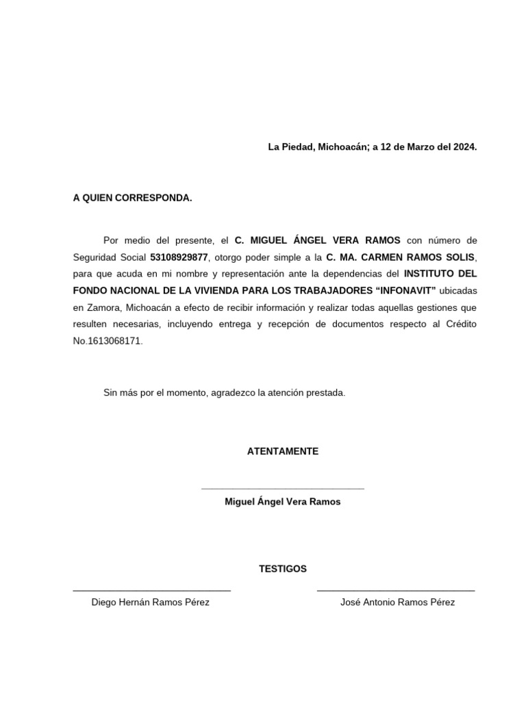 Carta Poder Miguel VR Infonavit | PDF