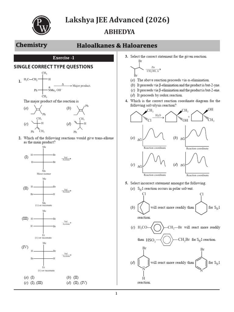 Haloalkanes and Haloarenes JEE Advanced Practice Sheet | PDF | Organic Chemistry | Chemistry