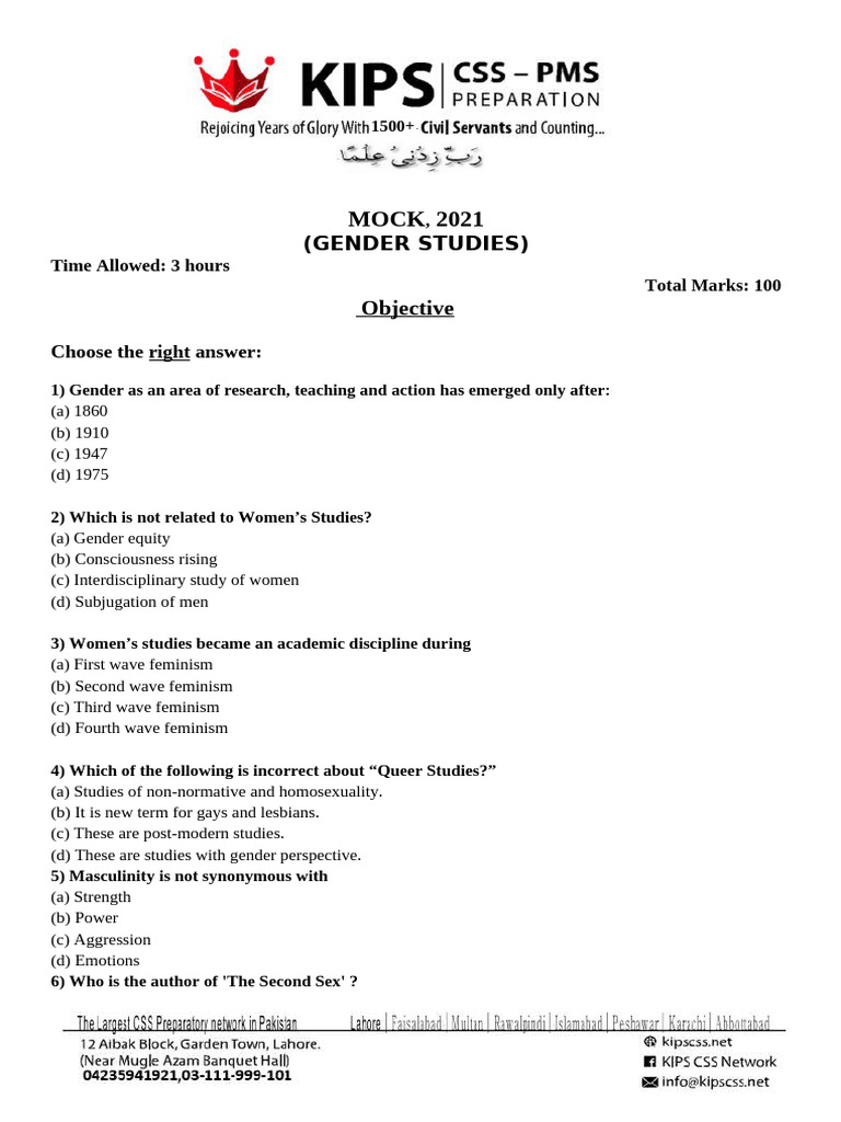 Gender Studies Mock (Paper-2) | PDF | Feminism | Gender Studies