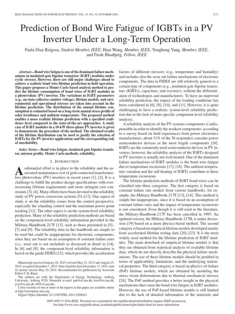 Prediction of Bond Wire Fatigue of IGBTs in A PV Inverter Under A Long ...