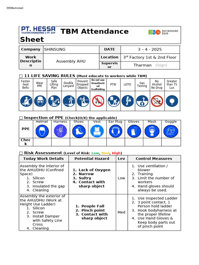 3.4.2025 TBM Attendance Sheet | PDF | Personal Protective Equipment | Safety