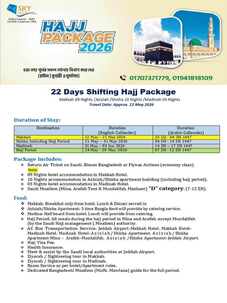 22-Day Hajj Shifting Package Details | PDF | Mecca | Hajj