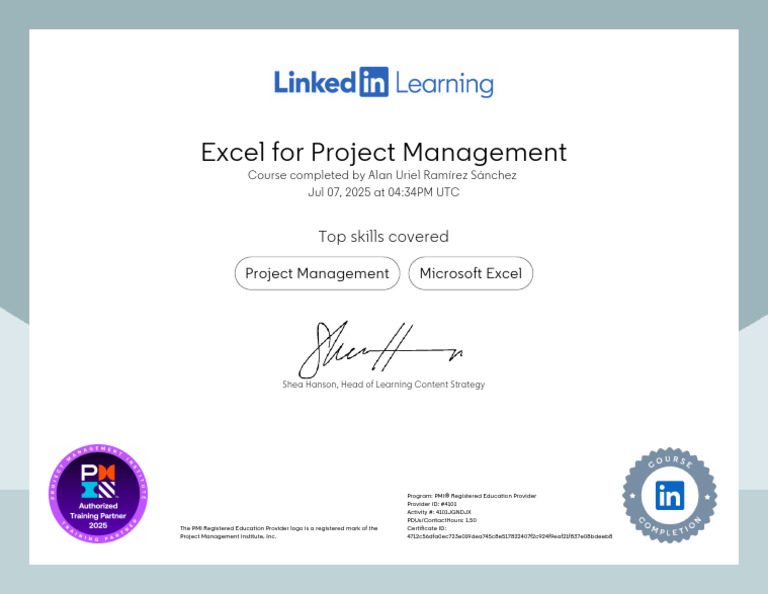 CertificateOfCompletion - Excel For Project Management | PDF
