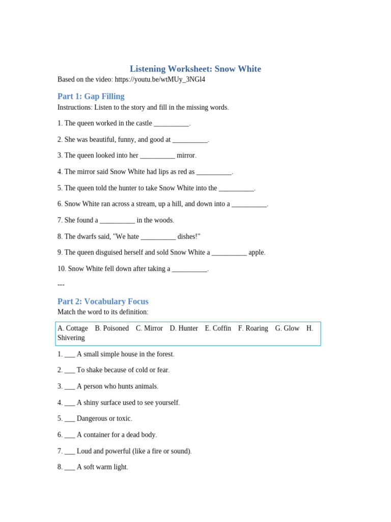 Snow White Listening Worksheet A2 | PDF