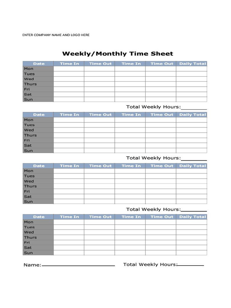 Monthly Time Sheets - 10 Free PDF Printables - Printablee | PDF