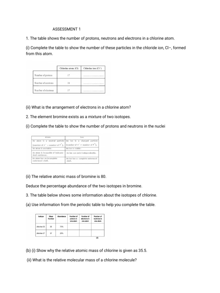 Chlorine and Bromine Atomic Structure Assessment | PDF | Ion | Chemical ...