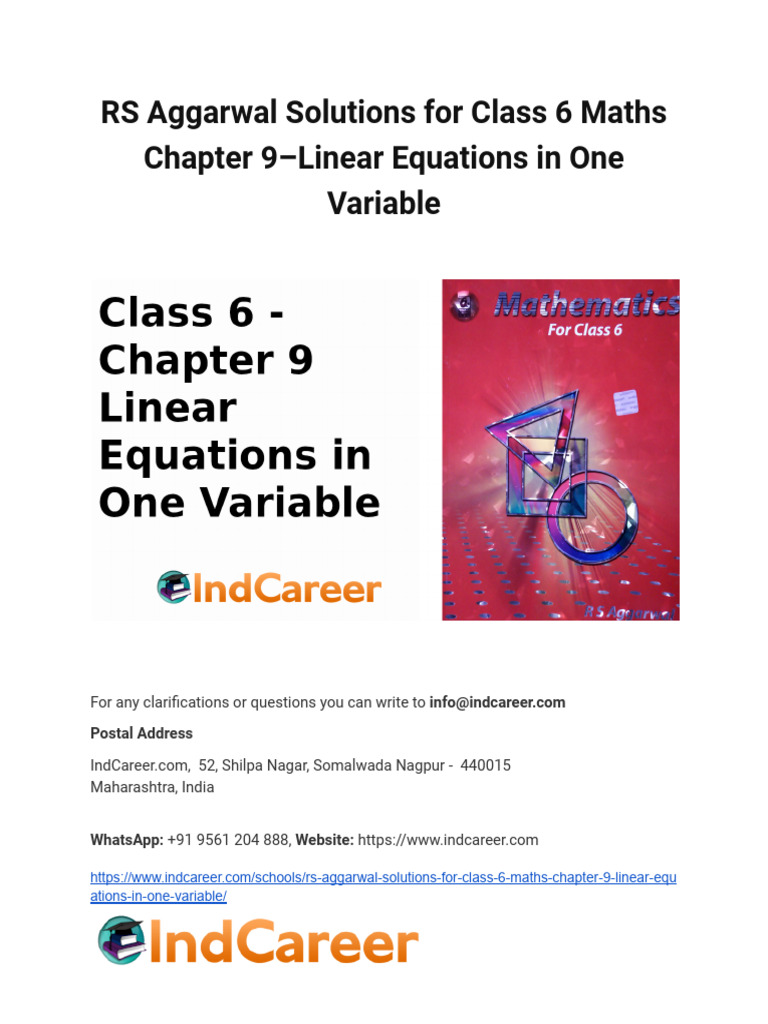 RS Aggarwal Solutions for Class 6 Maths Chapter 9–Linear Equations in One Variable | PDF ...