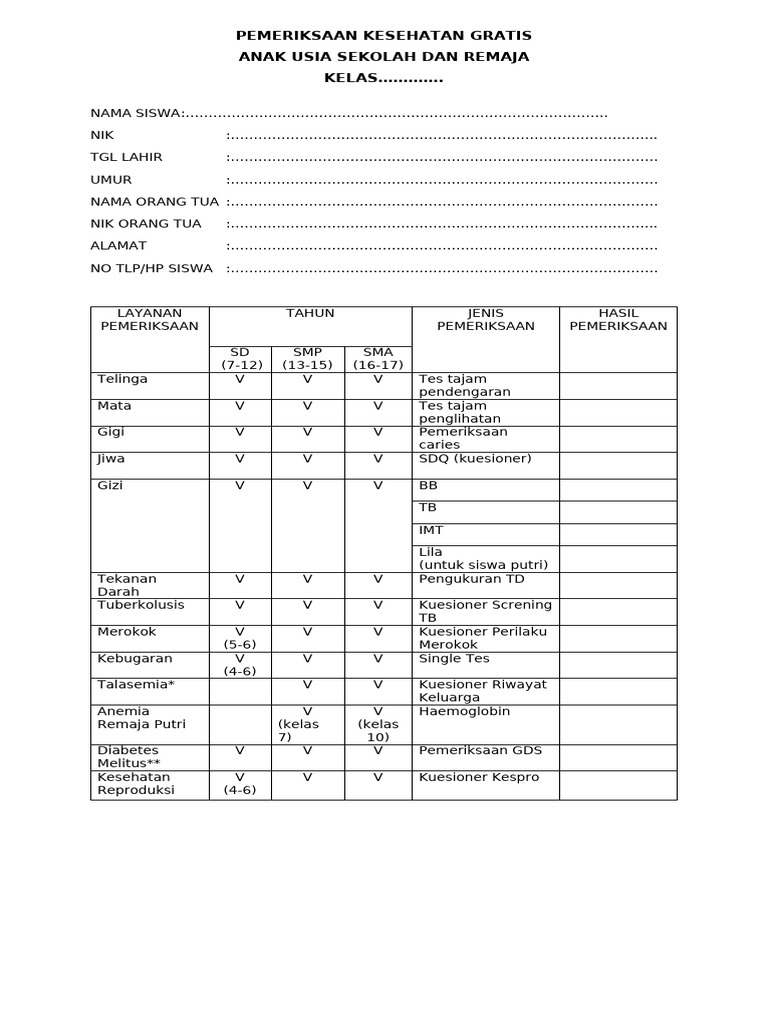 Form Pemeriksaan Kesehatan Gratis | PDF