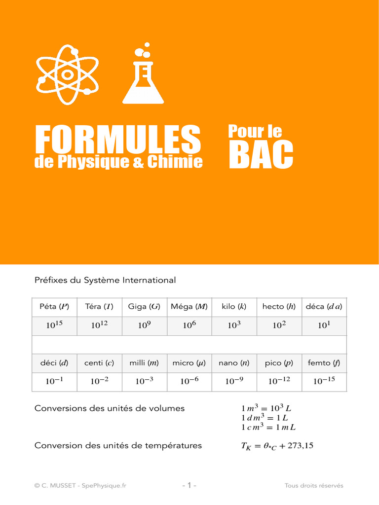 Formules de Physique et Chimie 2025 | PDF | Concentration molaire ...