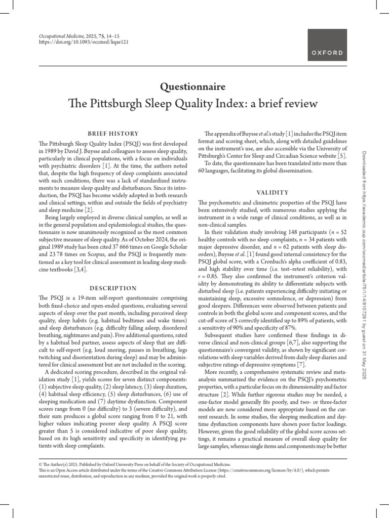 Overview of the Pittsburgh Sleep Quality Index | PDF | Sleep | Animal ...