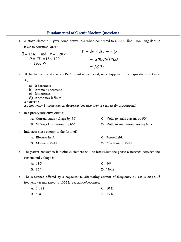 Circuit Questions on Current and Reactance | PDF | Electrical Network ...