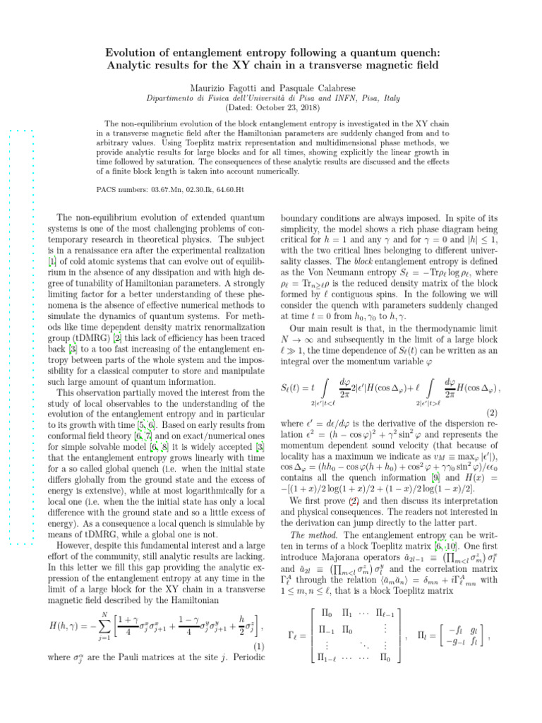 Evolution of Entanglement Entropy in XY Chain | PDF | Quantum ...
