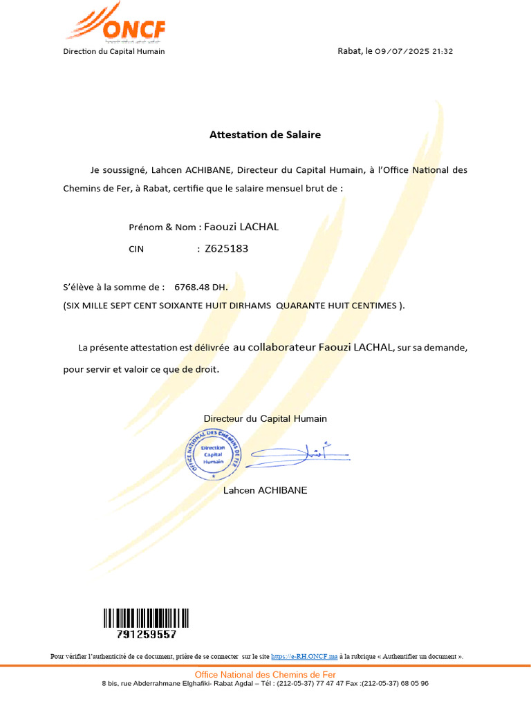 Attestation de Salaire ONCF | PDF
