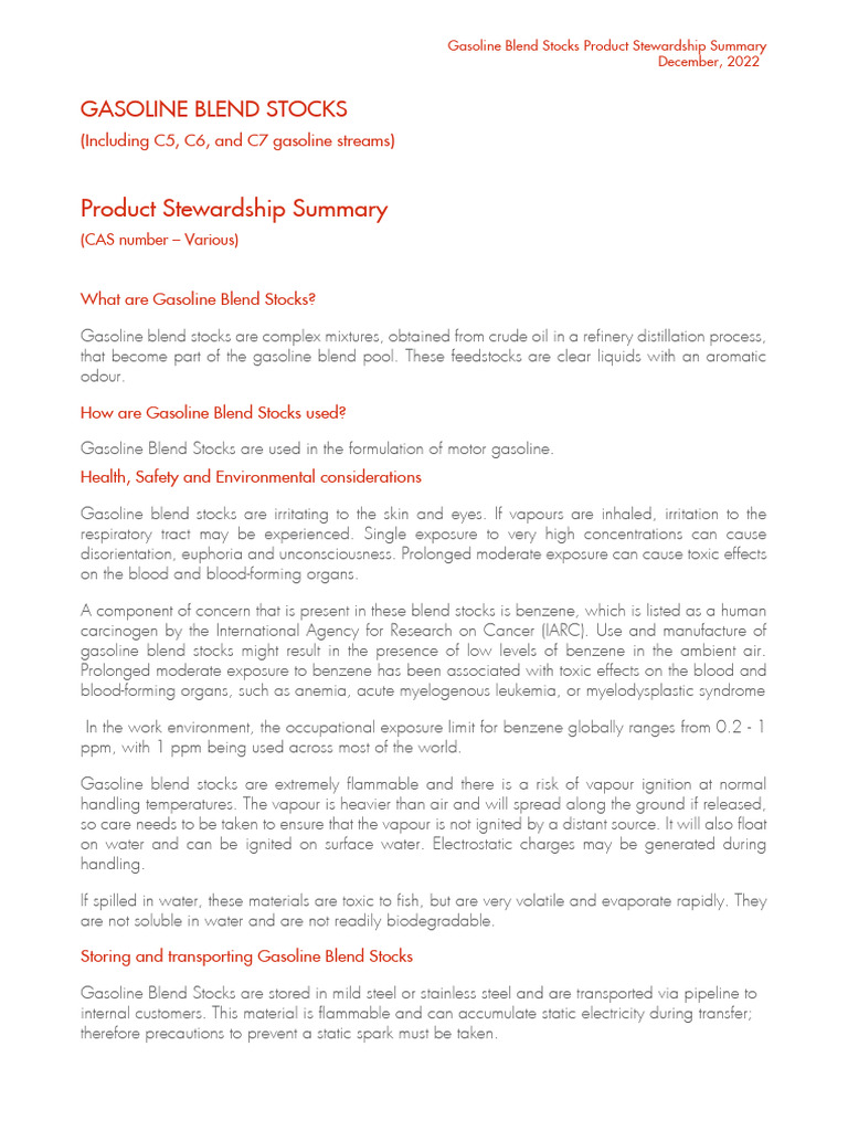 Gasoline Blend Stocks Pss December 2022 | PDF | Gasoline | Benzene