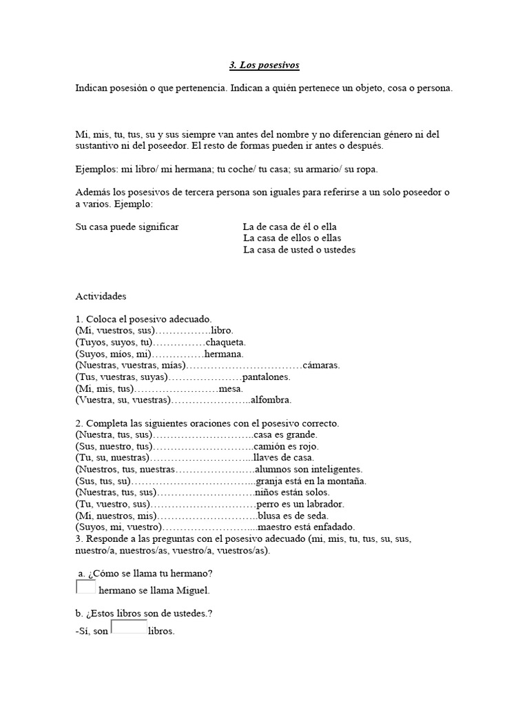 Los posesivos en español, ejercicios | PDF