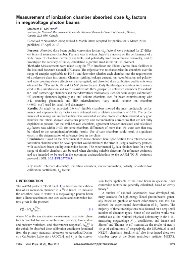 Measurement of Ionization Chamber Absorbed Dose KQ Factors in Megavoltage Photon Beams | PDF ...