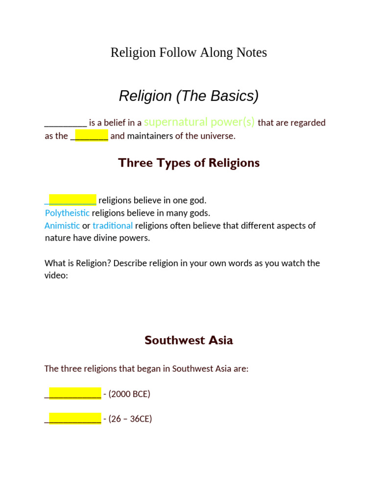 1 - 5 Major World Religions Follow Along Notes | PDF | Monotheism | God