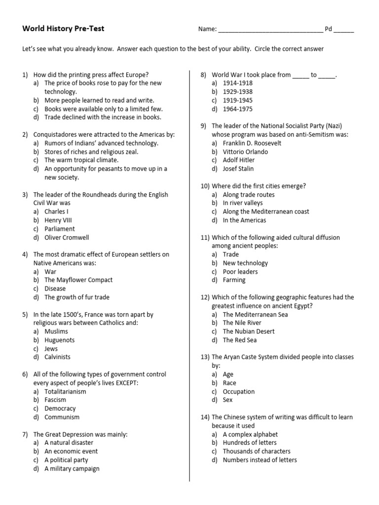 World History Pre-Test | PDF
