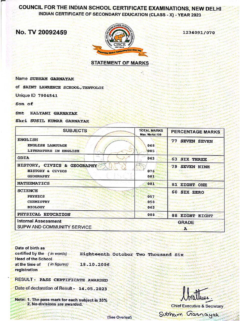 10th Marksheet Subham | PDF