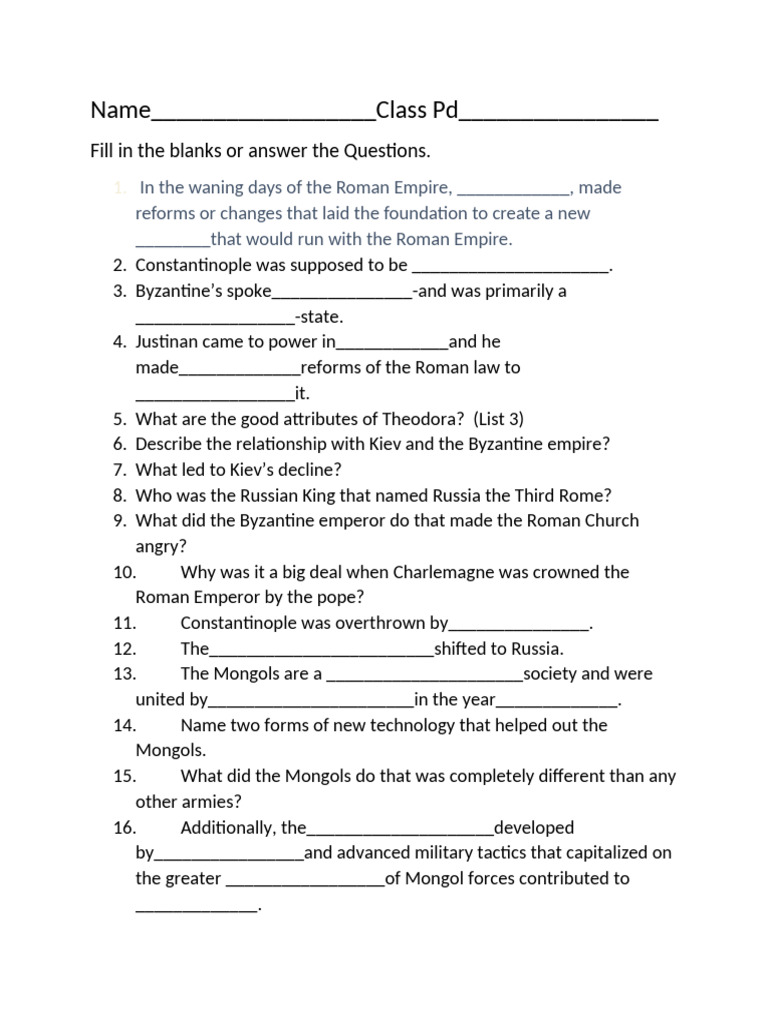 Guided Questions On Mongols and Byzantine Notes | PDF