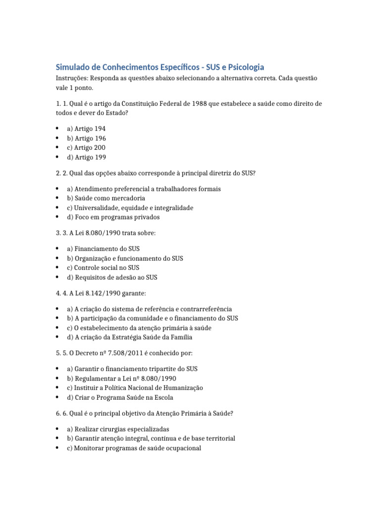 Simulado SUS Psicologia | PDF | Politica Social | Sistema de saúde