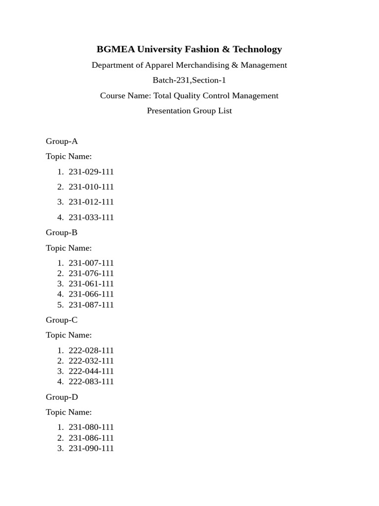 Total Quality Control Management Group List | PDF