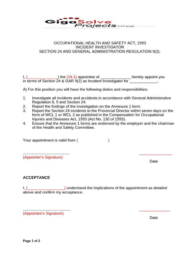 Incident Investigator Appointment Form | PDF