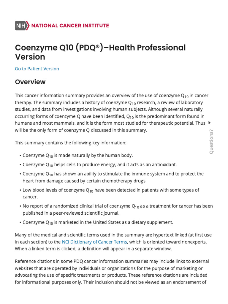 Coenzyme Q10 in Cancer Therapy Overview | PDF | Cancer | Chemotherapy