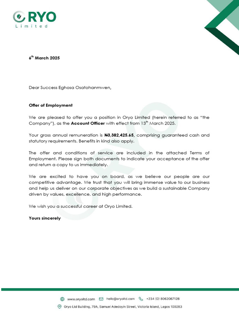 Success Osato Signed Offer Letter | PDF | Workweek And Weekend | Salary