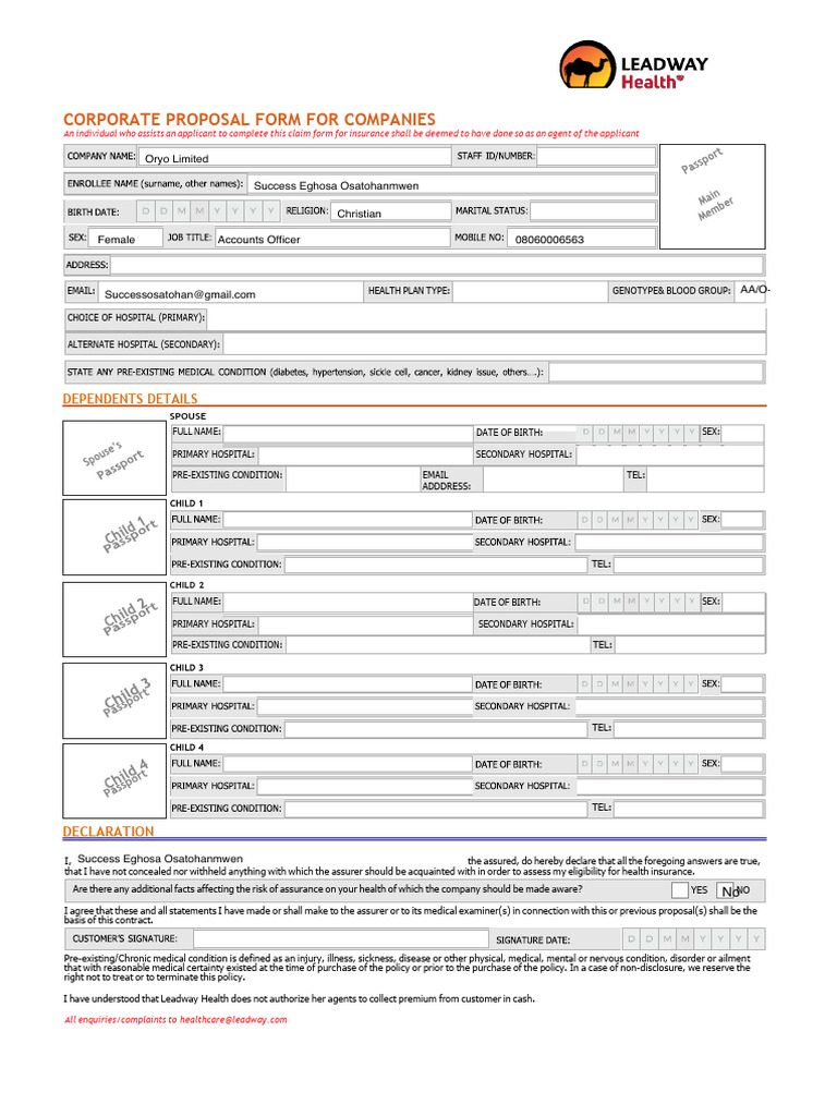 Leadway Health Insurance Proposal Form | PDF | Insurance | Medical ...