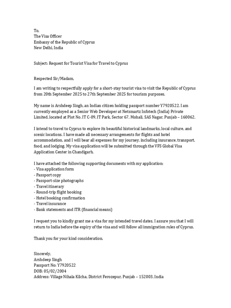 Cyprus Visa Cover Letter Arshdeep | PDF