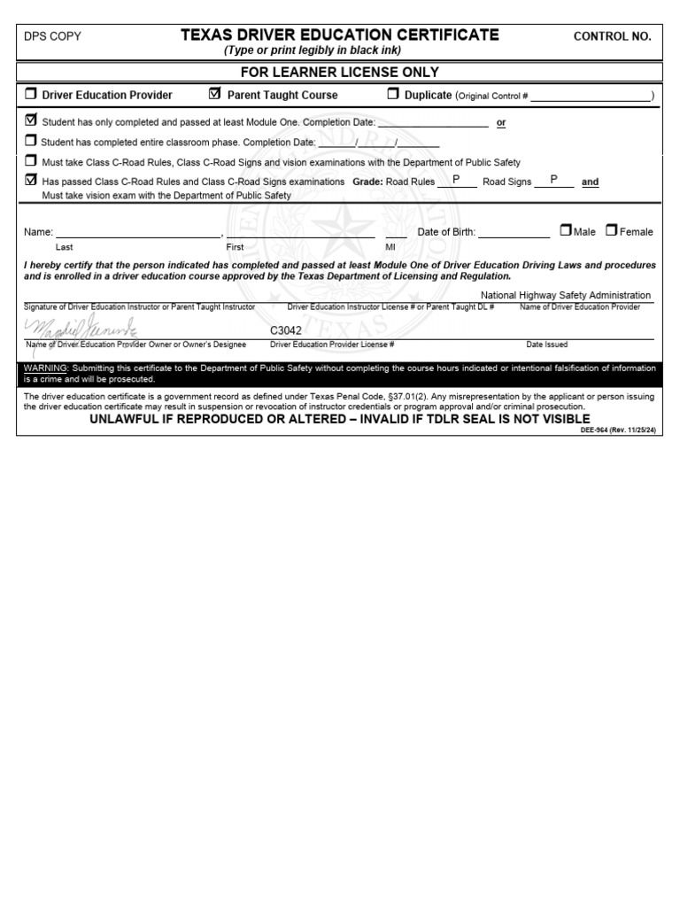 Texas Driver Education Certificate Guide | PDF