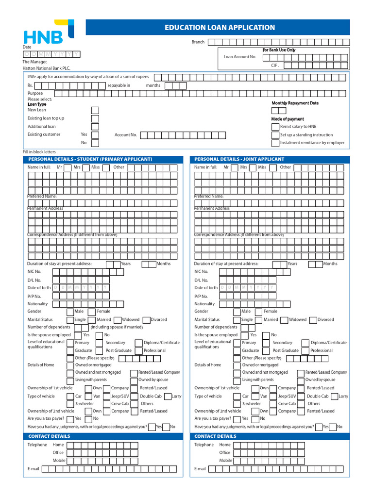 HNB Education Loan Application Form | PDF | Banks | Loans
